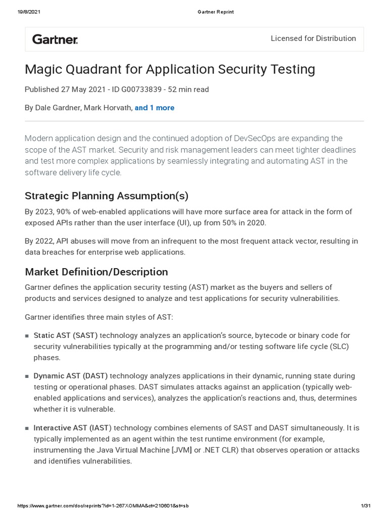 Gartner DevSecOps Magic Quadrant for Application Security Testing 2021 ...
