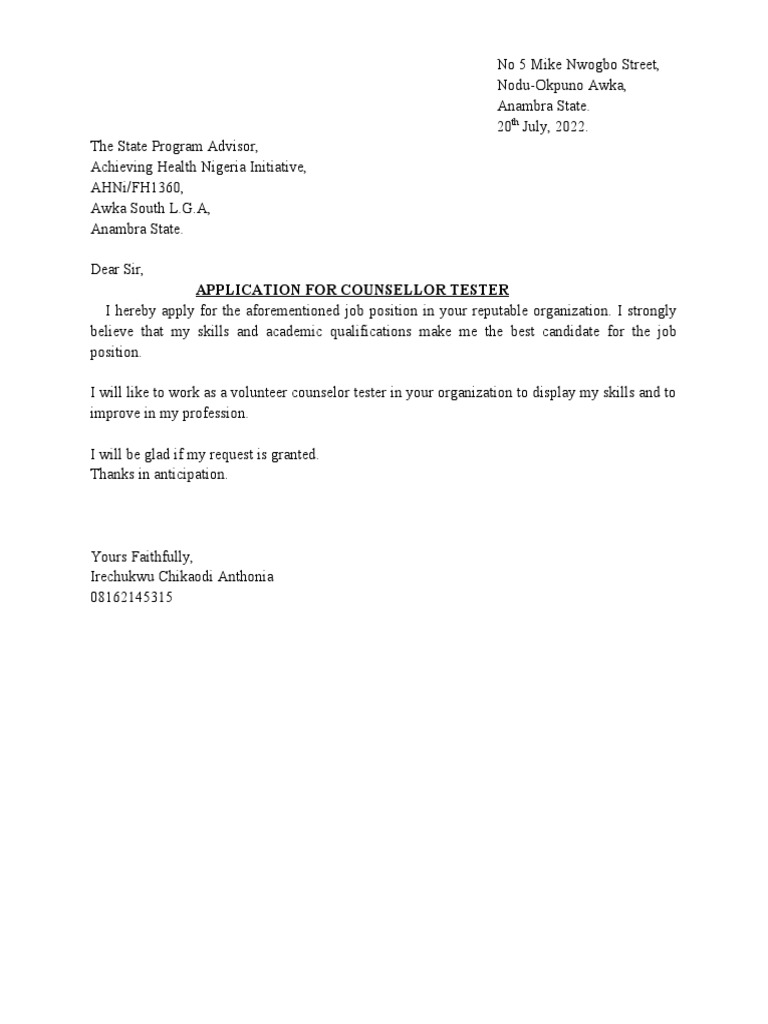 Irechukwu Chikaodi Anthonia (Application Letter) | PDF