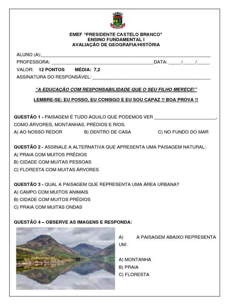 Avaliação de Geografia e História 3º Ano | PDF