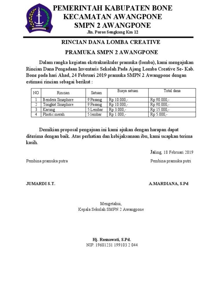 Proposal Pengajuan Pembelian Perlengkapan Pramuka SMPN 2 Awangpone | PDF