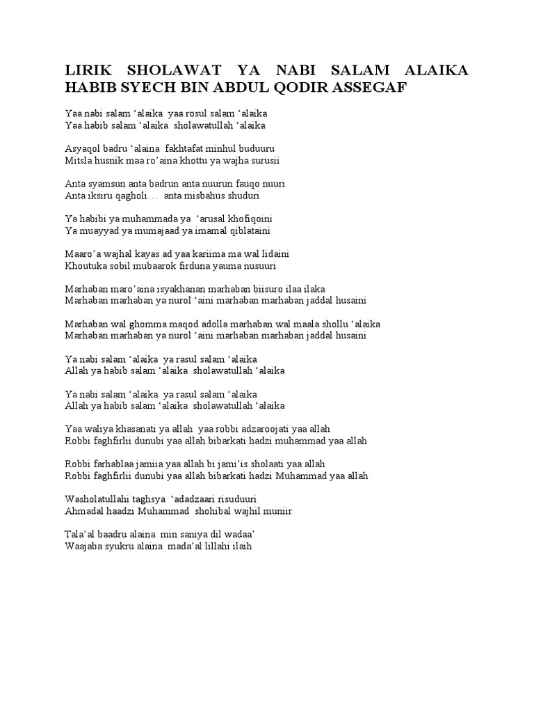 Lirik Sholawat Ya Nabi Salam Alaika Habib Syech Bin Abdul Qodir Assegaf ...
