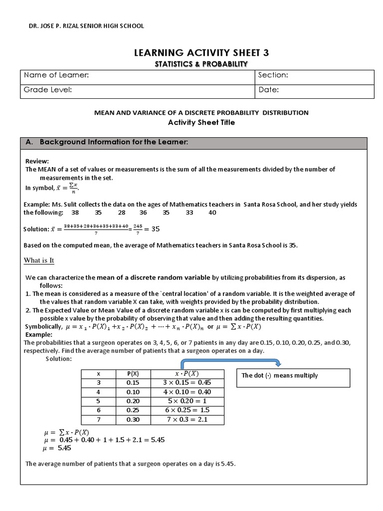 LAS3 - STATS - 2nd Sem | PDF | Variance | Expected Value
