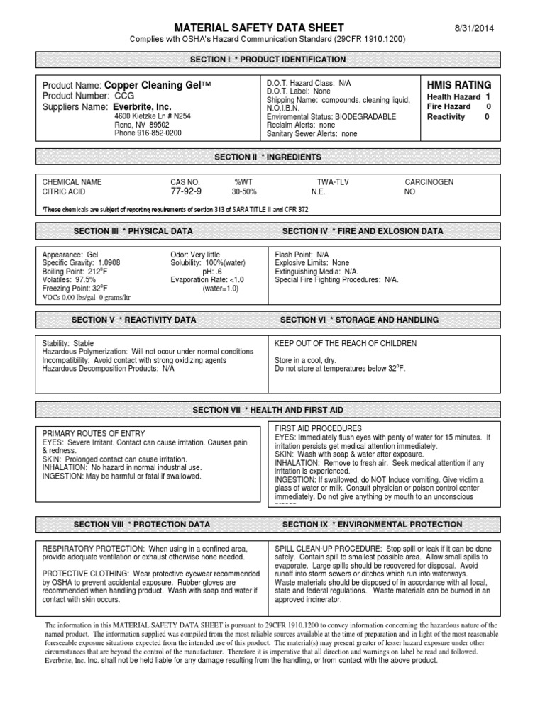 CCG MSDS | PDF | Volatile Organic Compound | Water