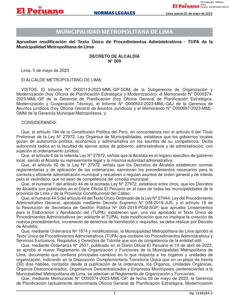 Tupa Municipalidad Metropolitana de Lima 2023 | PDF | Gobierno local | Visa Inc.