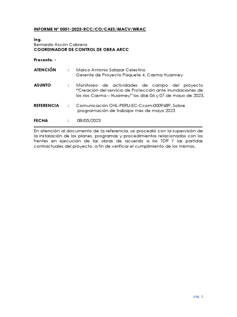Informe N°001-2023-Rcc-Co-Caes-Macv-Wrac | PDF | Tecnología Ambiental ...