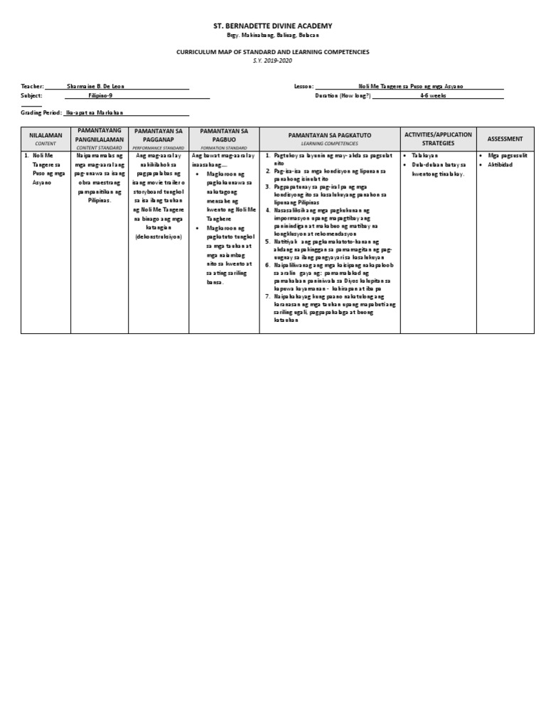 4th Curriculum Map Filipino 9 PDF Free | PDF