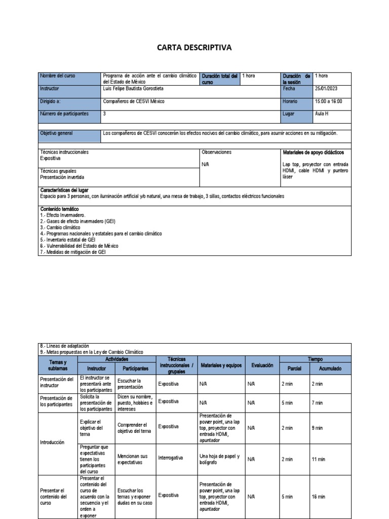 Ejercicio Carta Descriptiva Lf | PDF | Cambio | Cuestiones ambientales ...