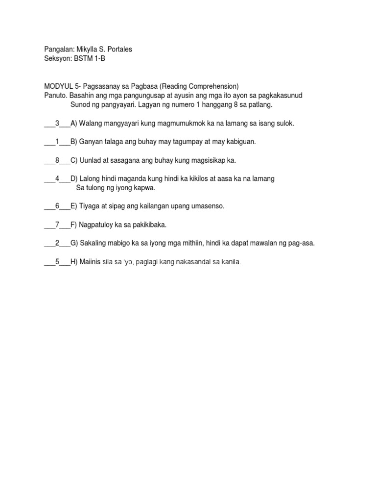 MODYUL 5 - Pagsasanay Sa Pagbasa (Reading Comprehension) | PDF
