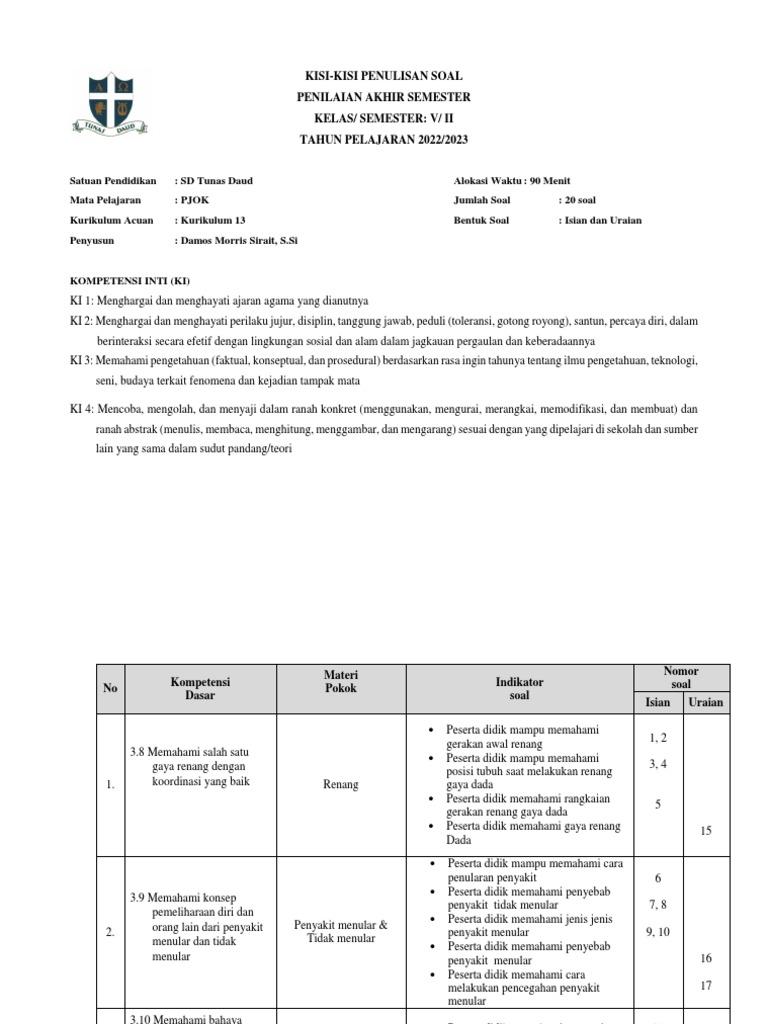 Kisi-Kisi Pjok Penilaian Akhir Tahun (2022-2023) | PDF