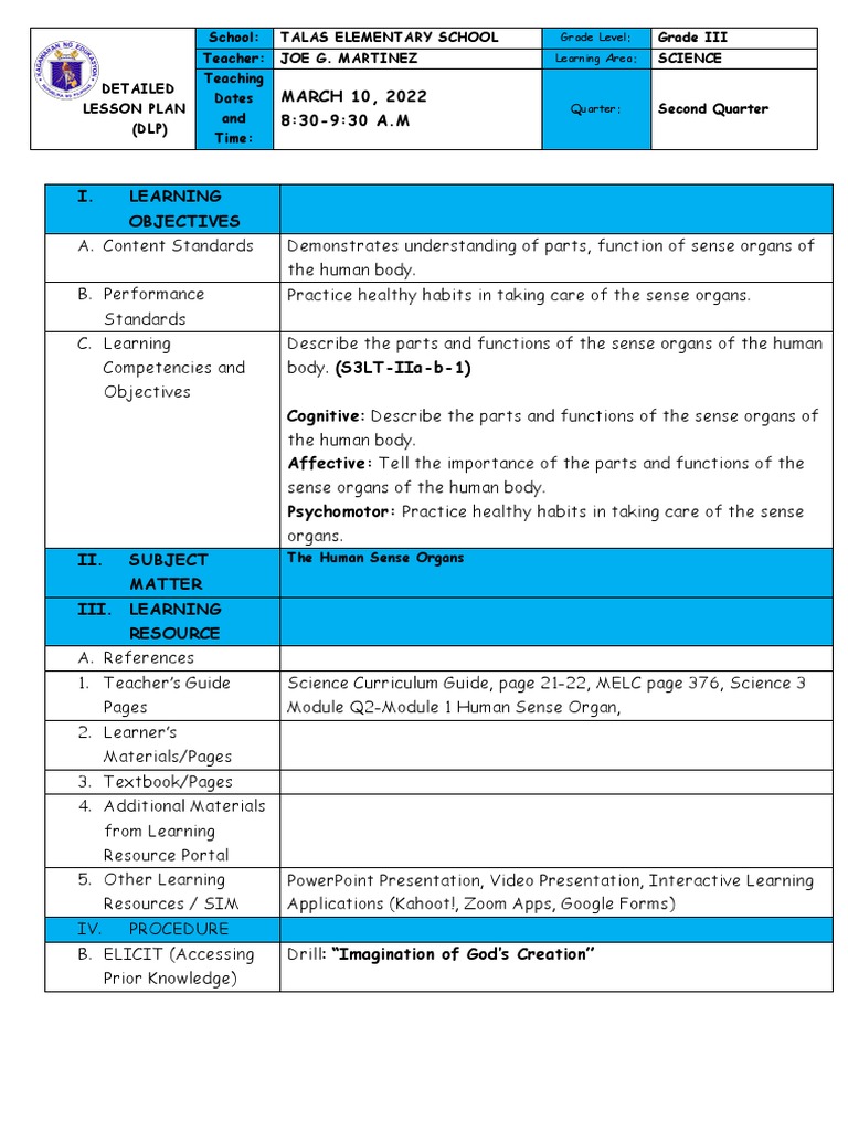 Grade 3 Science Q2 DLP Joe G. Martinez | PDF | Senses | Taste