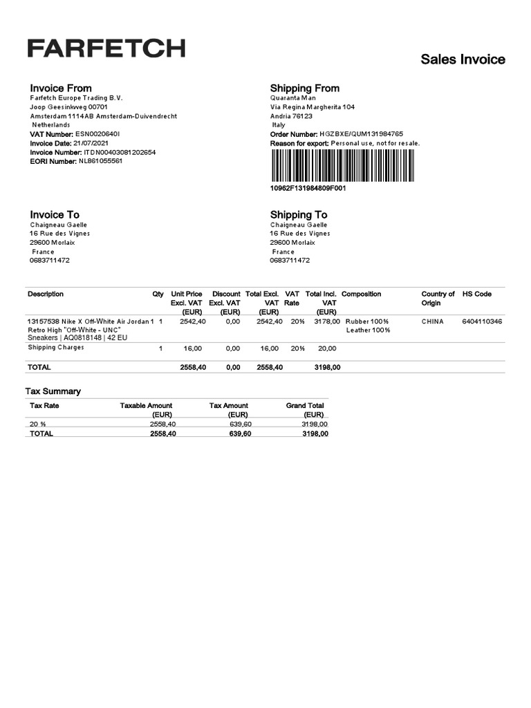 Sales Invoice for Nike Sneakers | PDF | Value Added Tax | Invoice