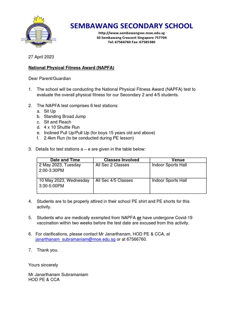 NAPFA test 2023 Letter to Parents | PDF