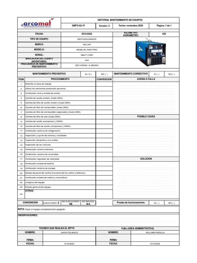 Formato de Mtto - 1 | PDF | Bienes manufacturados | Vehículos