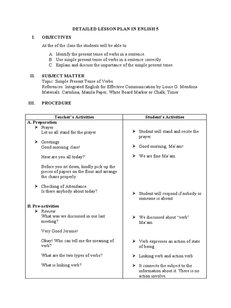 Regodo, Jerene (Detailed Lesson Plan in Enlish 5) | PDF | Verb ...
