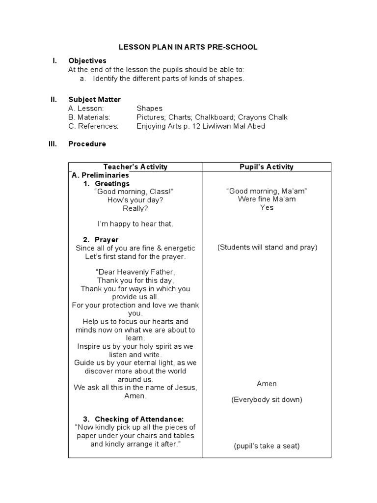 Lesson Plan in Arts Pre | PDF | Lesson Plan | Prayer