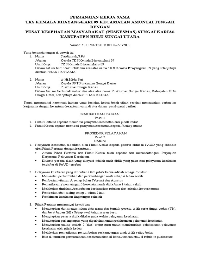 MOU Dengan Puskesmas - TK BH | PDF