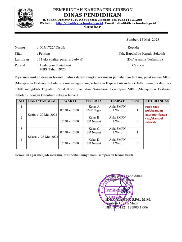 Surat Undangan Peserta Sosialisasi MBS | PDF Surat Undangan Peserta Sosialisasi MBS | PDF