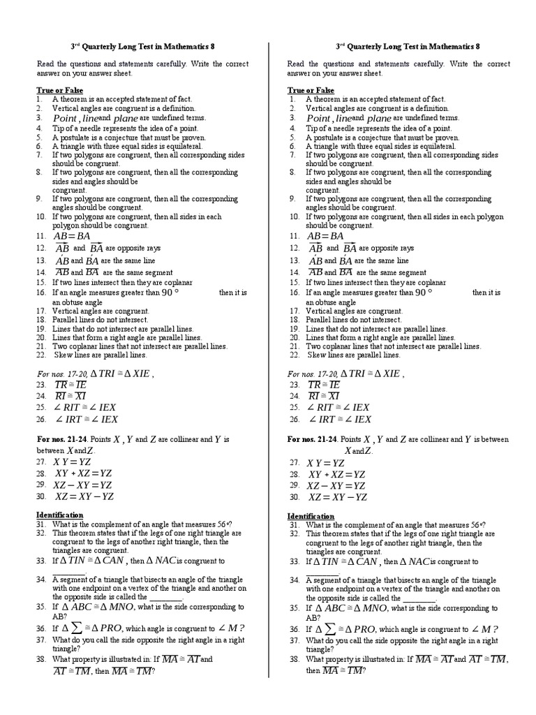 3rd Quarterly Long Test in Mathematics 8 | PDF | Triangle | Line (Geometry)