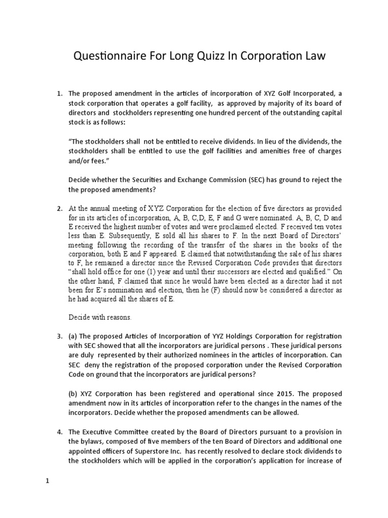 Corporation Law Quiz 1 | PDF | Corporations | Board Of Directors
