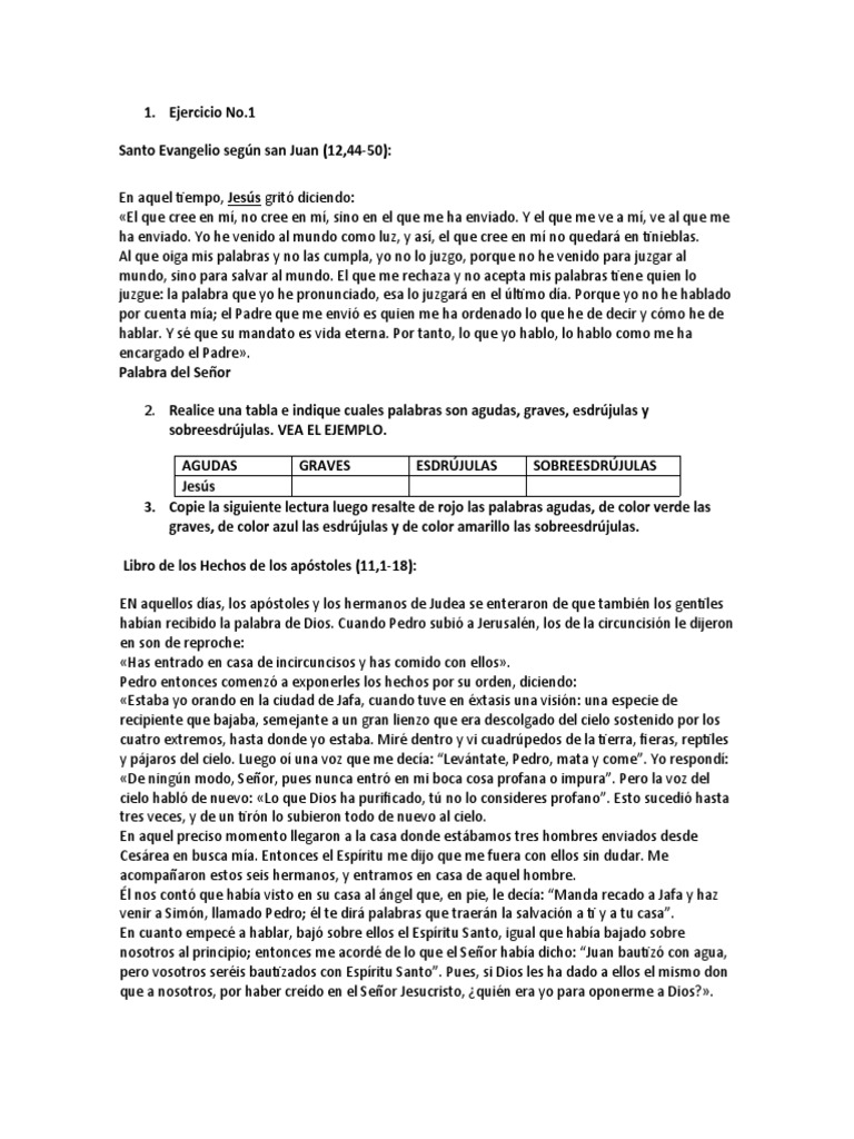 Ejercicio Clase Agudas, Graves, Esdrújulas y Sobreesdrújulas | PDF ...