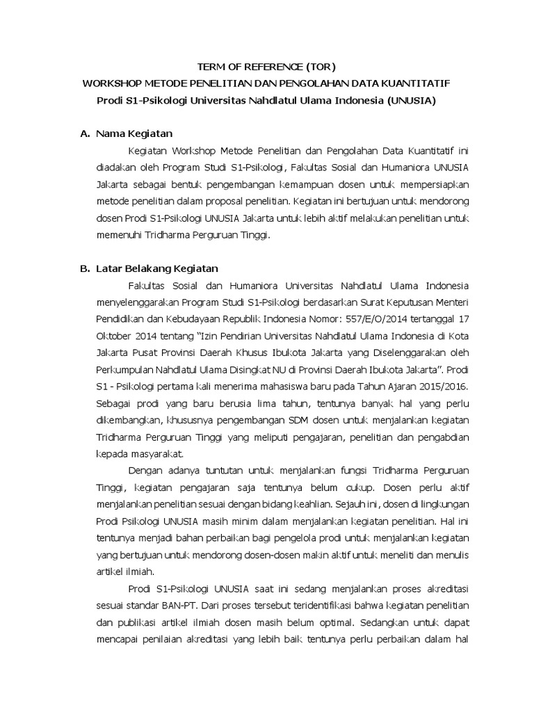 TOR Workshop Kuantitatif - UNUSIA | PDF