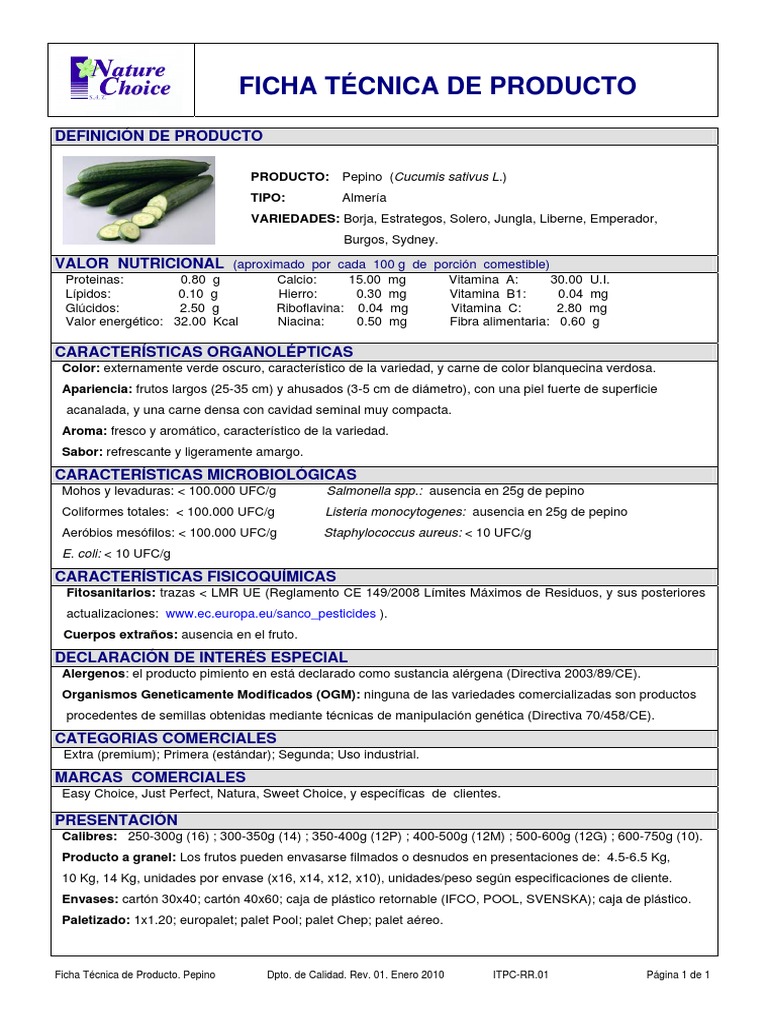 ficha-tecnica-pepino | PDF | Comida y bebida | Nutrición
