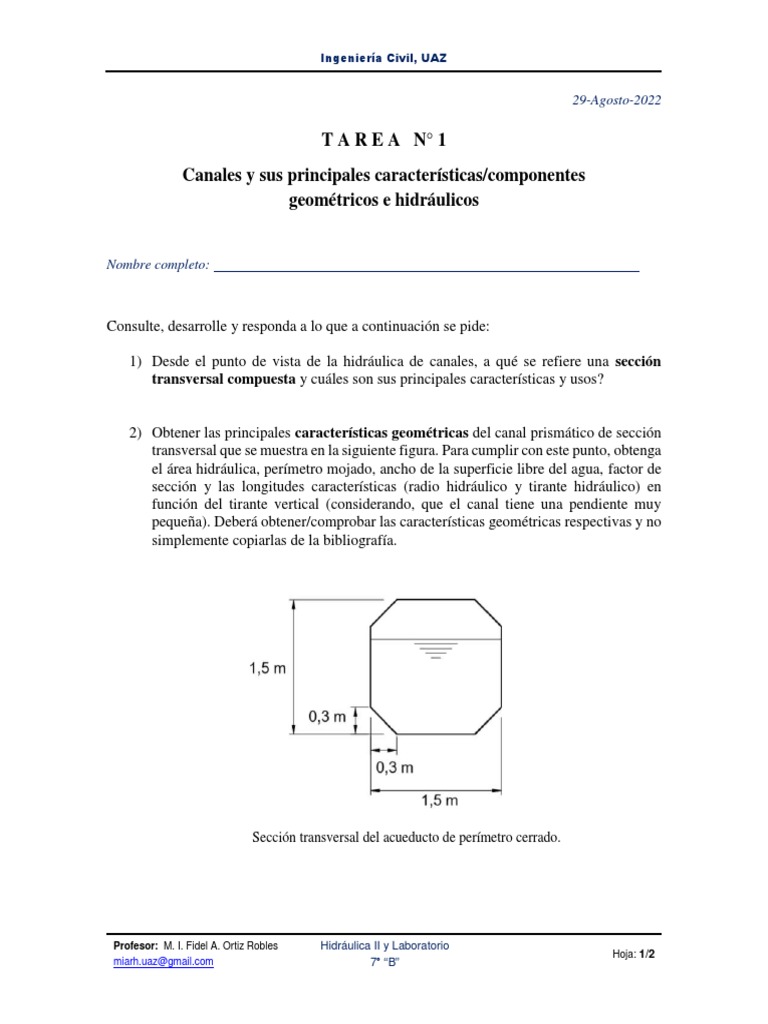 Tarea 1 - Hidráulica II y Lab - 7B | PDF | Canal | Hidráulica