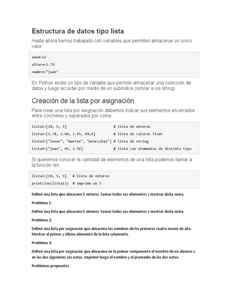 Listas en Python: Creación y Uso | PDF | Python (lenguaje de programación) | Algoritmos