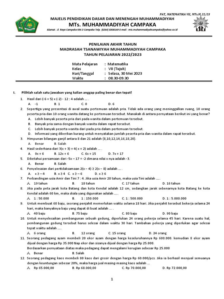 Matematika Kelas 7 2023 Pat | PDF