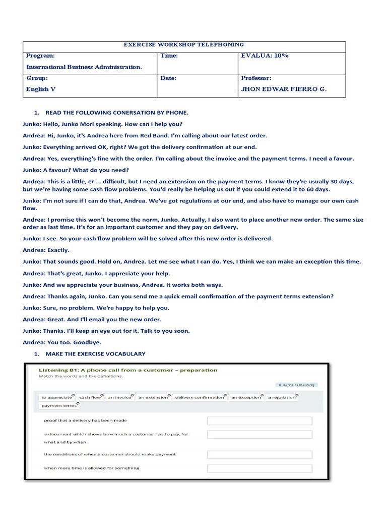 EXERCISE WORKSHOP TELEPHONING Solve | PDF | Career & Growth