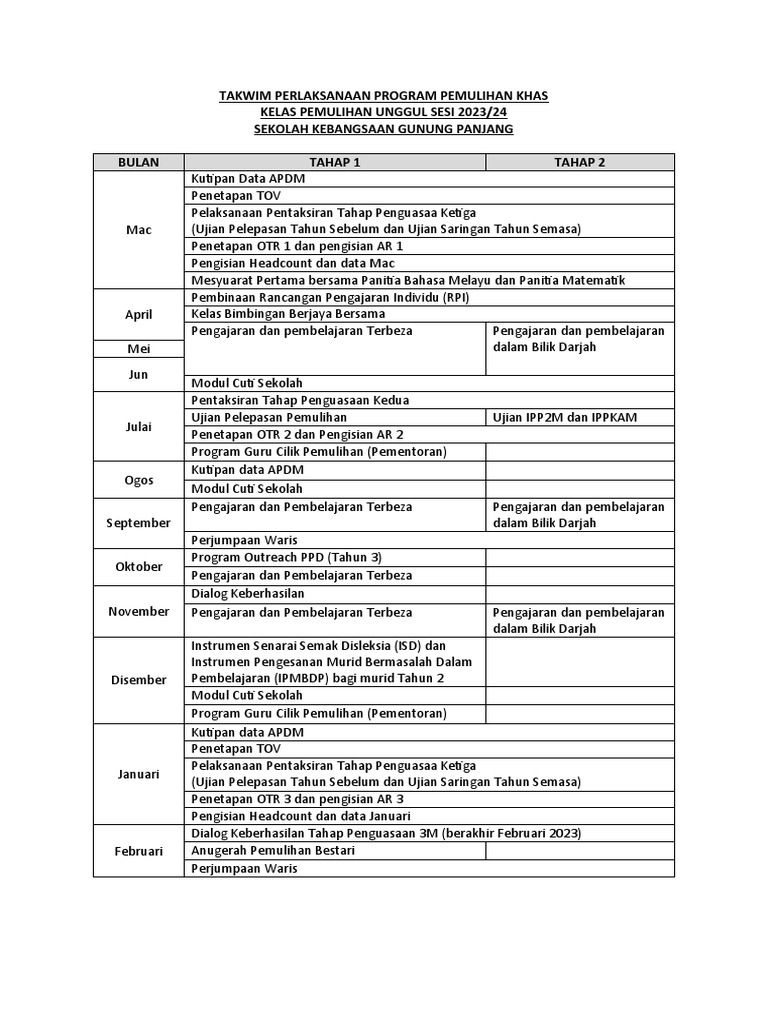 Takwim Perlaksanaan Program Pemulihan Khas | PDF Takwim Perlaksanaan Program Pemulihan Khas | PDF