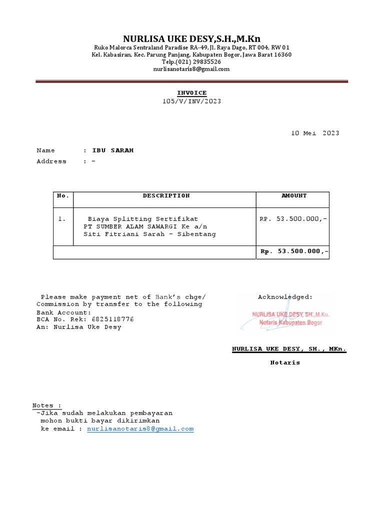 INVOICE To Ibu SARAH | PDF