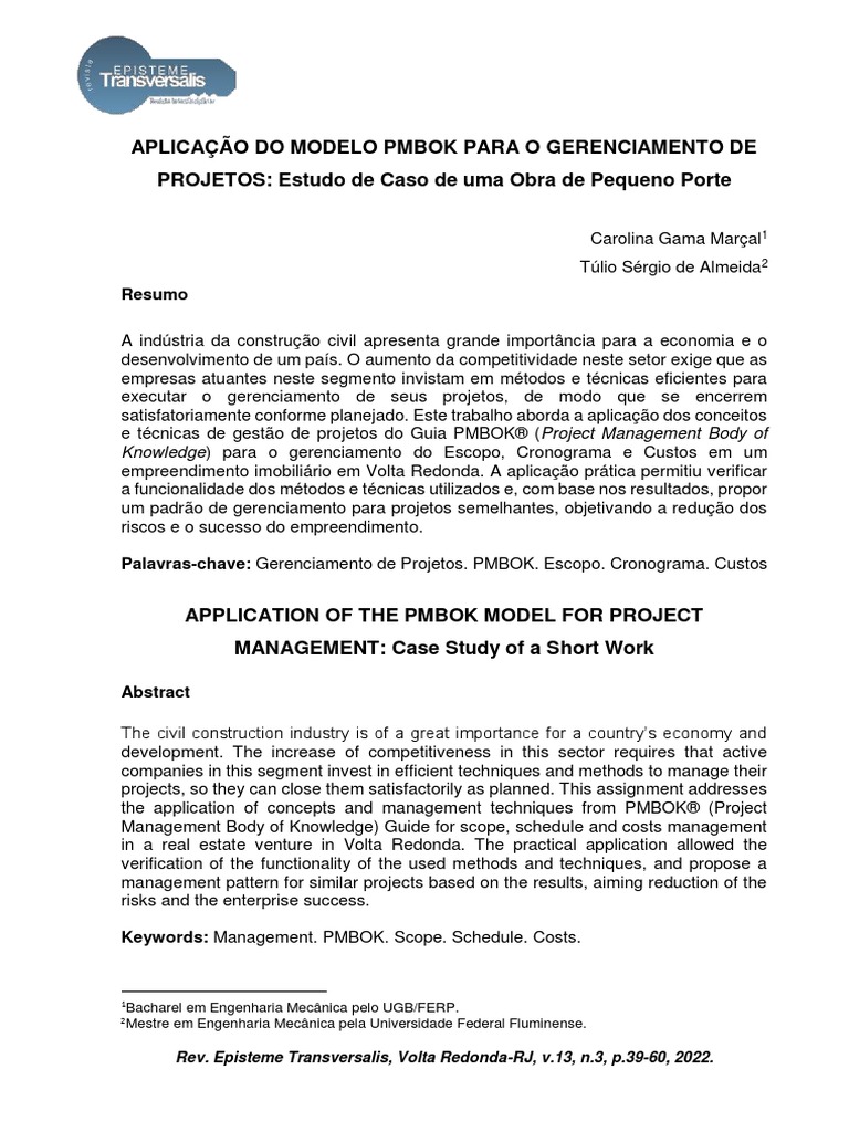 Aplicação Do Modelo Pmbok para O Gerenciamento de PROJETOS: Estudo de ...