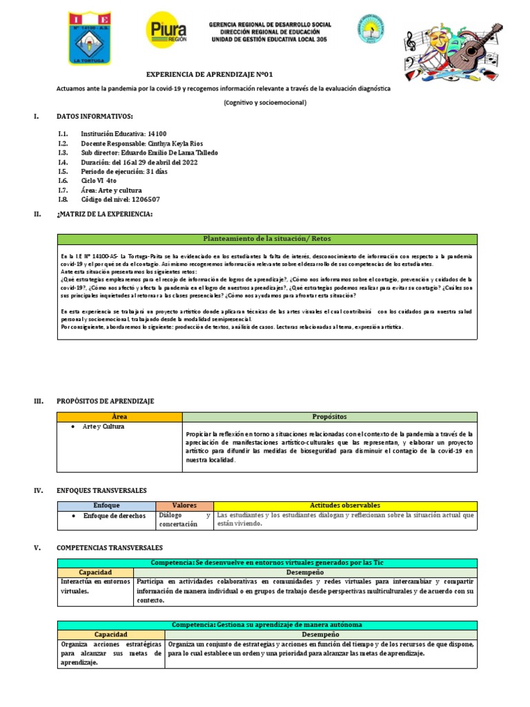 1.experiencia de Aprendizaje Arte N°01 - Ciclo Vi 2022 | PDF | Evaluación | Aprendizaje