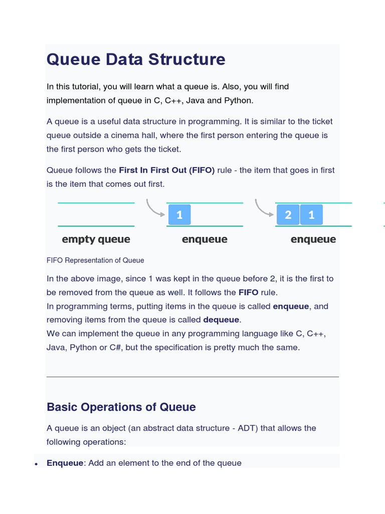 Queue Data Structure | PDF | Queue (Abstract Data Type) | Software Design Queue Data Structure | PDF | Queue (Abstract Data Type) | Software Design