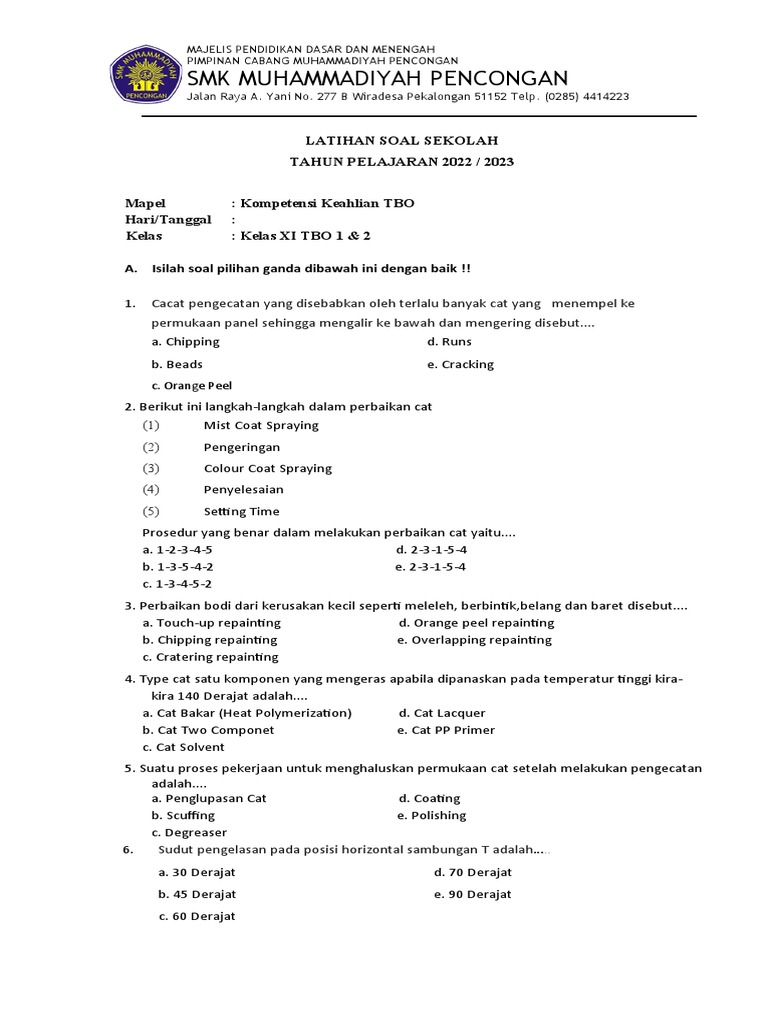 Soal Latihan Pat Genap Kelas Xi Tbo | PDF
