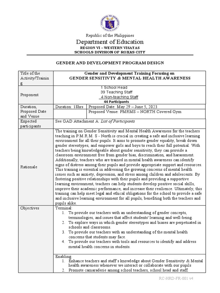 GAD Training on Sensitivity & Mental Health | PDF | Teachers | Gender