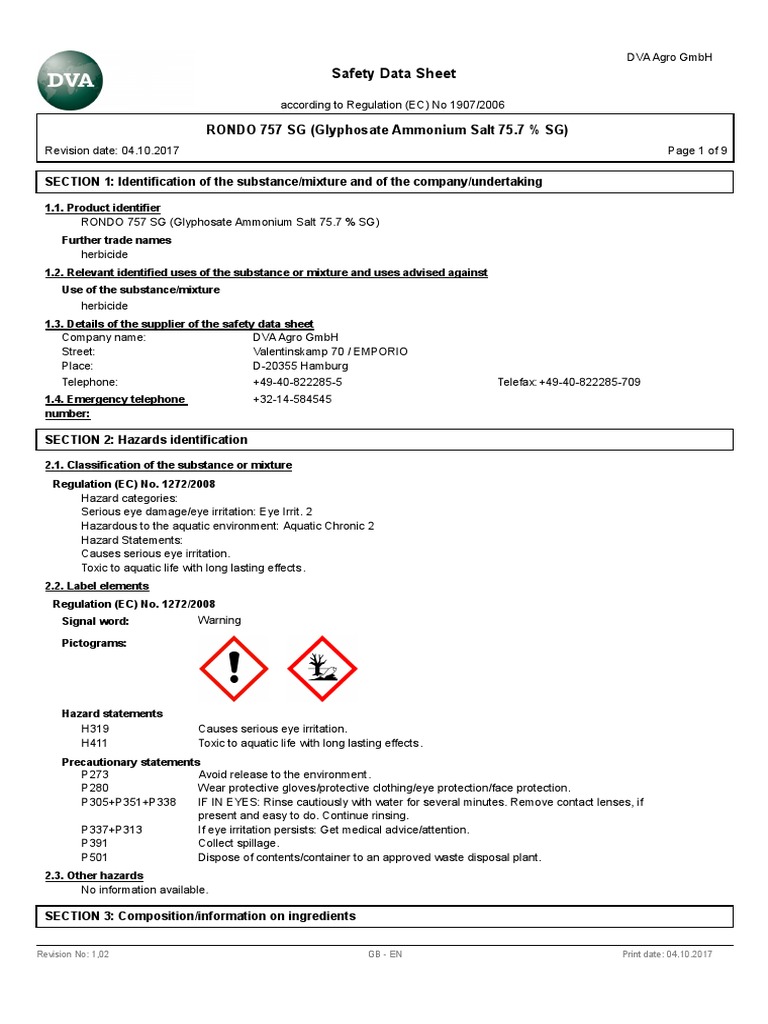 RONDO 757 SG Glyphosate Safety Data Sheet | PDF | Toxicity | Chemical ...