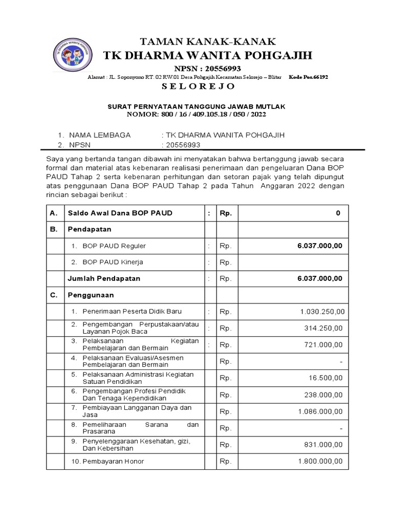 Surat Pernyataan Tanggung Jawab SPJ Baru | PDF