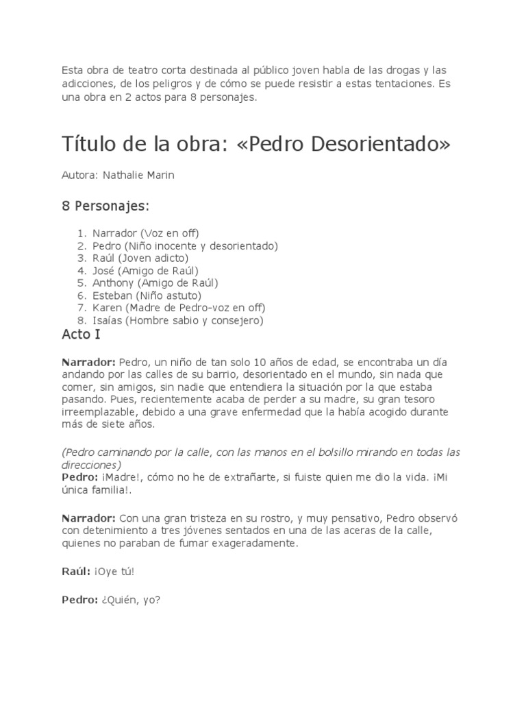 Obra de Teatro Sobre Las Drogas y Adicciones (8 Personajes) | PDF