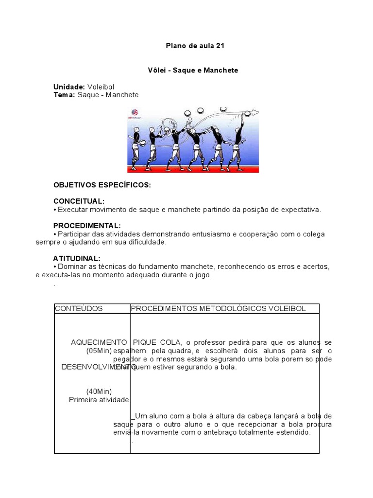 Plano de Aula 21 - Vlei - Saque e Manchete | PDF | Voleibol