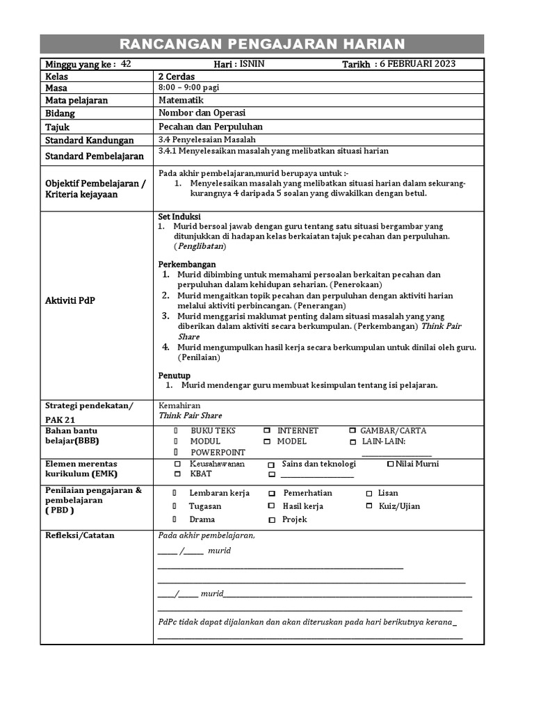 Tapak RPH Matematik M42 | PDF