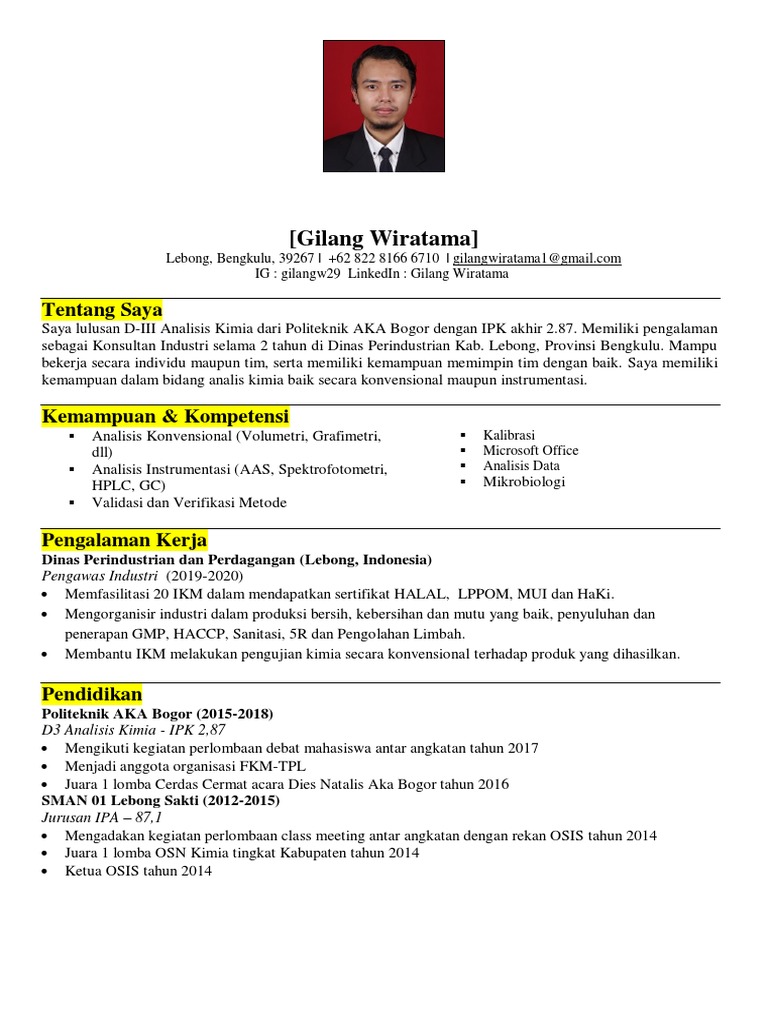 CV Dan Surat Lamaran Gilang Wiratama POLTEK AKA BOGOR | PDF | Karier & Perkembangan