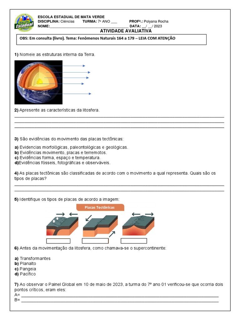 Atividade Avaliativa Placas Tectônicas | PDF | Terremotos | Vulcão