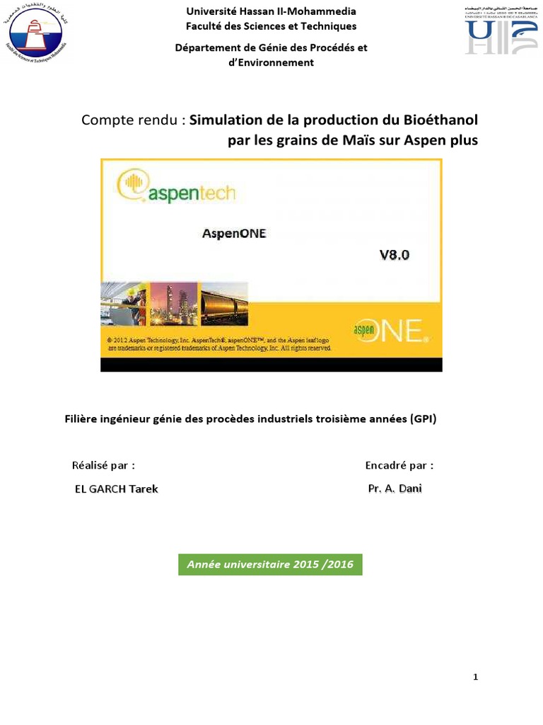 Production de Bioéthanol par Maïs sur Aspen | PDF | Bioéthanol ...