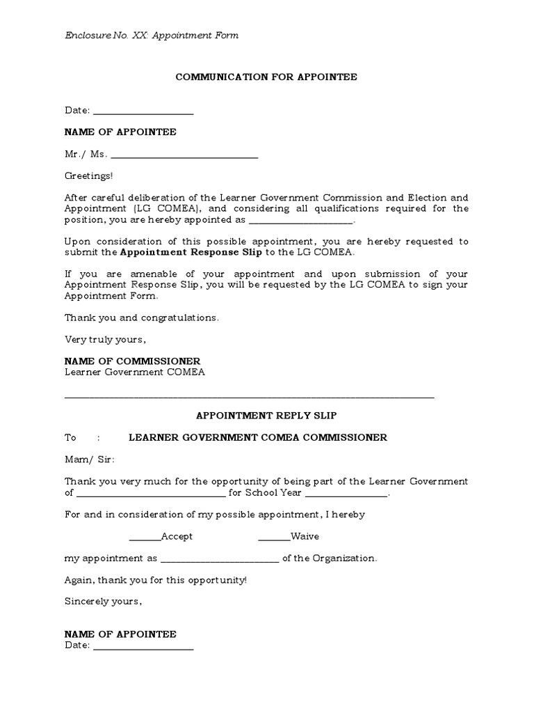 Enc.18 - Communication For Appointee and Appointment Reply Slip | PDF