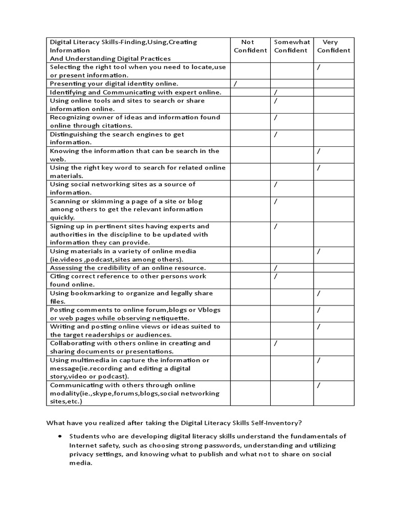 Digital Literacy Skills Self-Assessment | PDF | World Wide Web ...