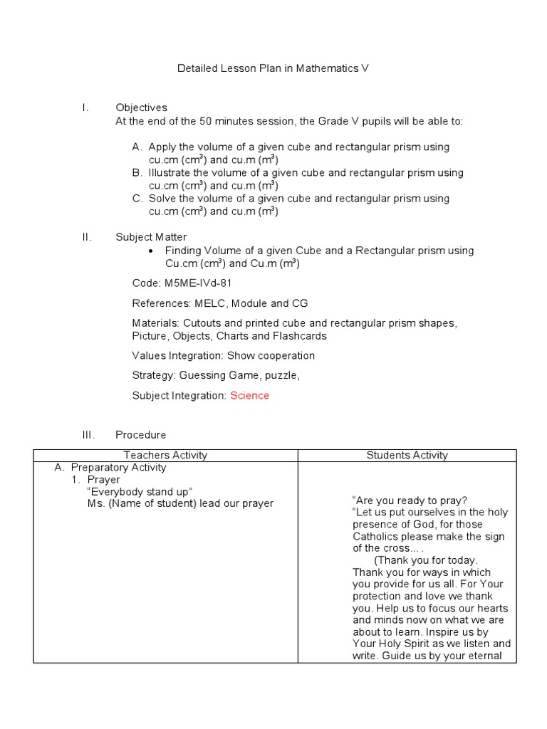 Detailed Lesson Plan in Mathematics V | PDF | Area | Volume