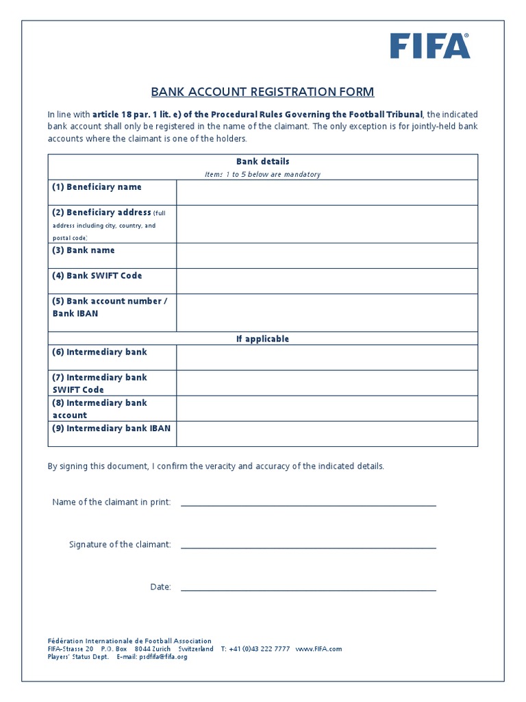 FIFA Bank Account Registration Form | PDF