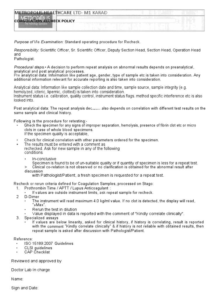 Coagulation Recheck Procedure Guide | PDF | Coagulation | Medicine
